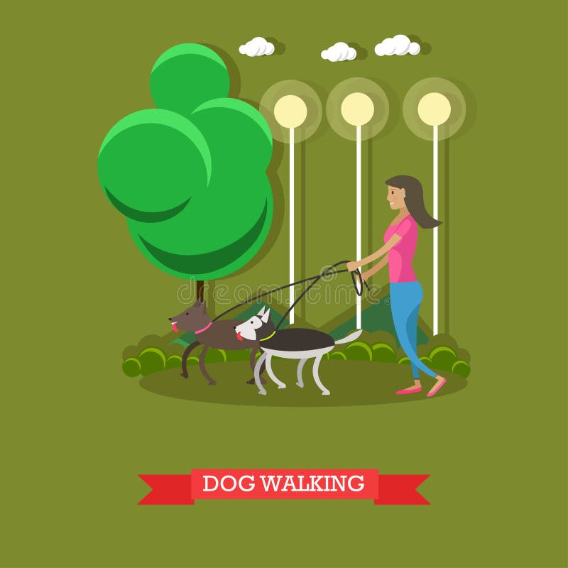 Woman Walking with Dogs in a Park. Vector Poster Stock Vector ...