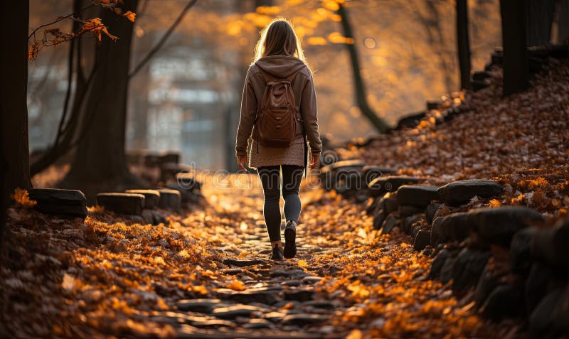 Woman Walking Down Path in Woods Stock Image - Image of exploring ...