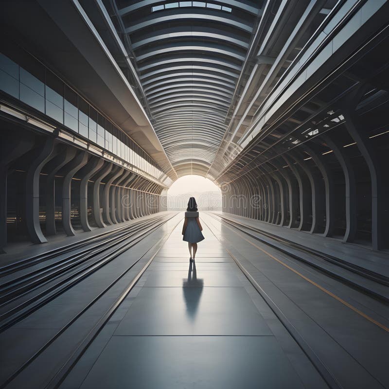 Woman Walking in a Futuristic Corridor. Ai Generated Stock Illustration ...