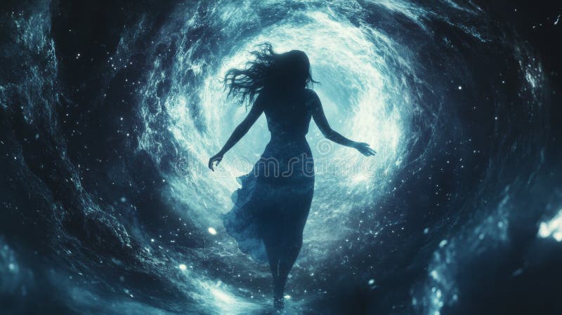 Woman Walking into a Glowing Cosmic Vortex in Space Stock Image - Image ...