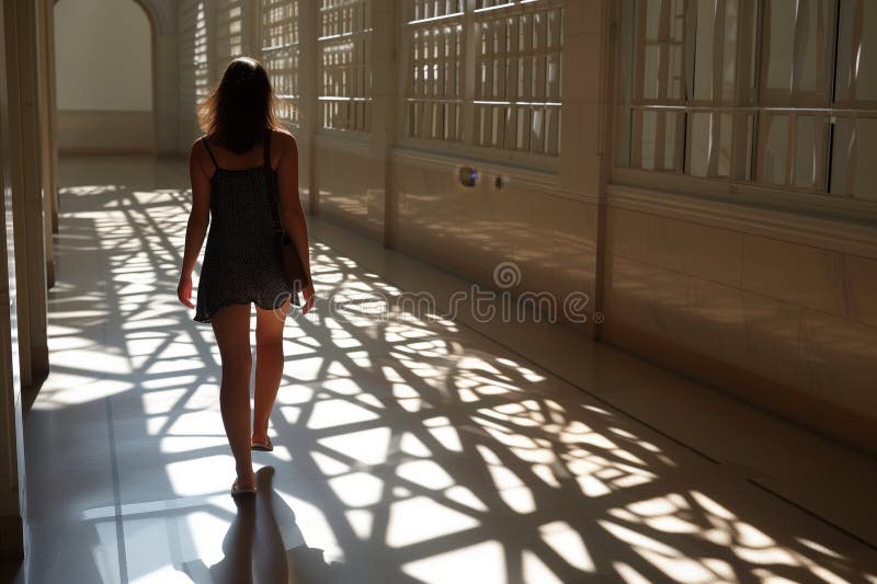 Woman Walking through Hall, Light Casting Shadow Patterns Stock Image ...