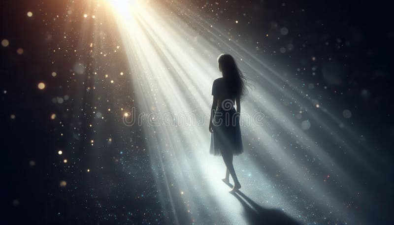 A Woman Walking into the Light in a Dark Environment Stock Illustration ...