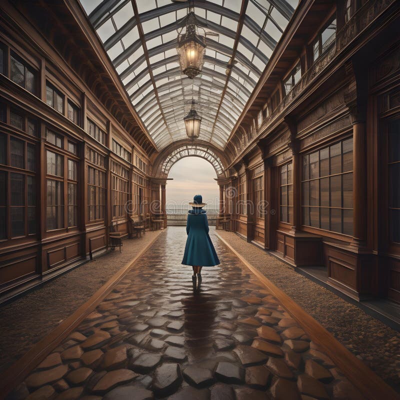Woman Walking in the Old Gallery. Generative Ai Stock Illustration - Illustration of style ...