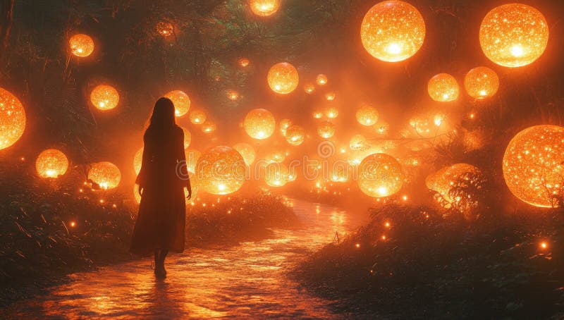 Woman Walking Path, Glowing Orbs Stock Illustration - Illustration of ...