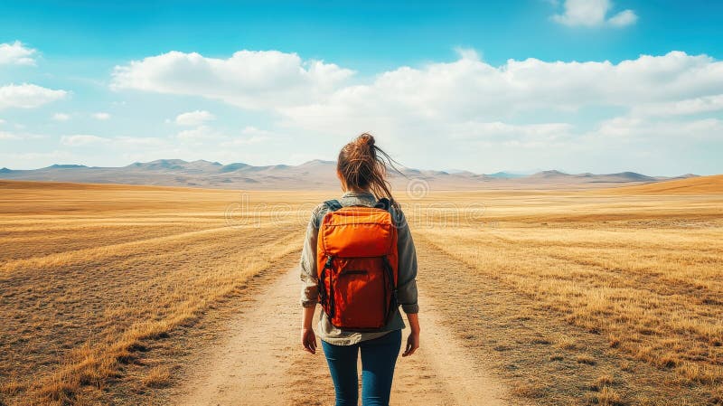 Woman Walking on a Path through a Large Open Field Stock Image - Image ...
