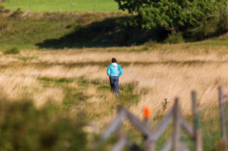 Woman Walking on the Path in the Meadow Editorial Photography - Image ...