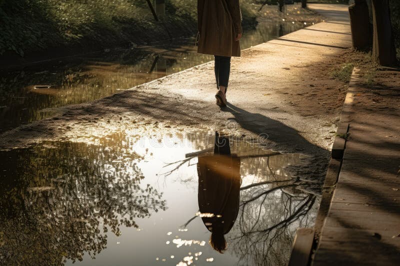 Woman, Walking on Pathway, with Her Reflection Visible in the Water ...