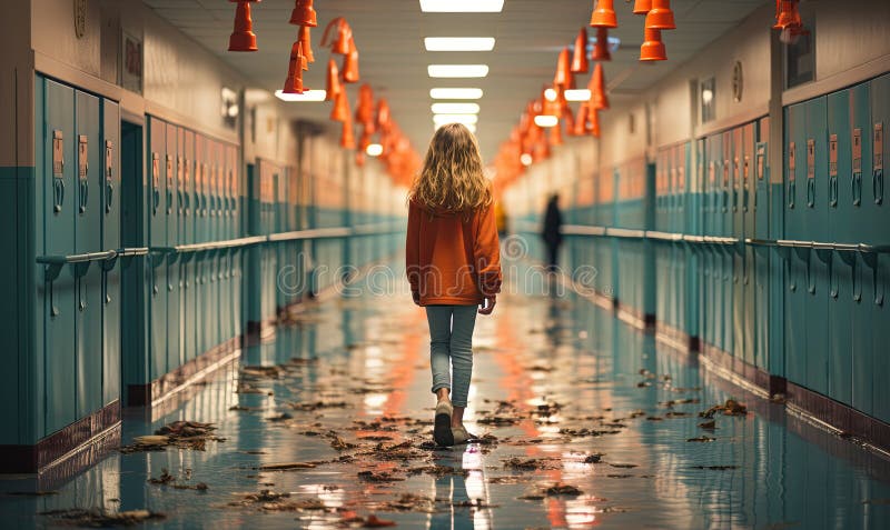 Woman Walking through School Hallway Stock Image - Image of alone ...