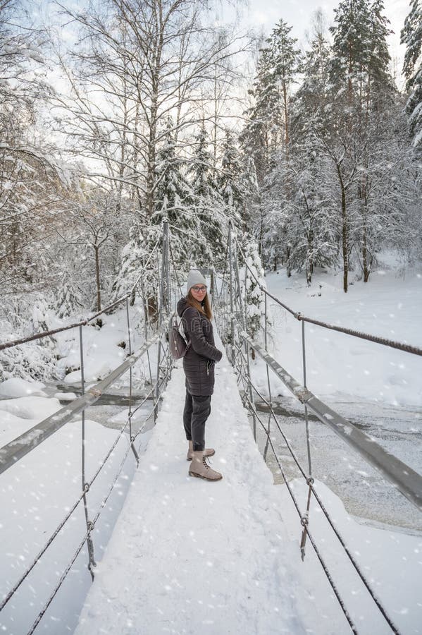 Woman Walking in Snowy Winter Forest Stock Photo - Image of travel ...