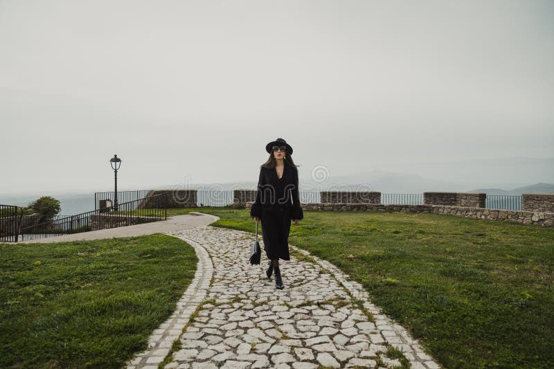 Woman Walking Stone Path Inside Square Under Castle Stock Photos - Free ...