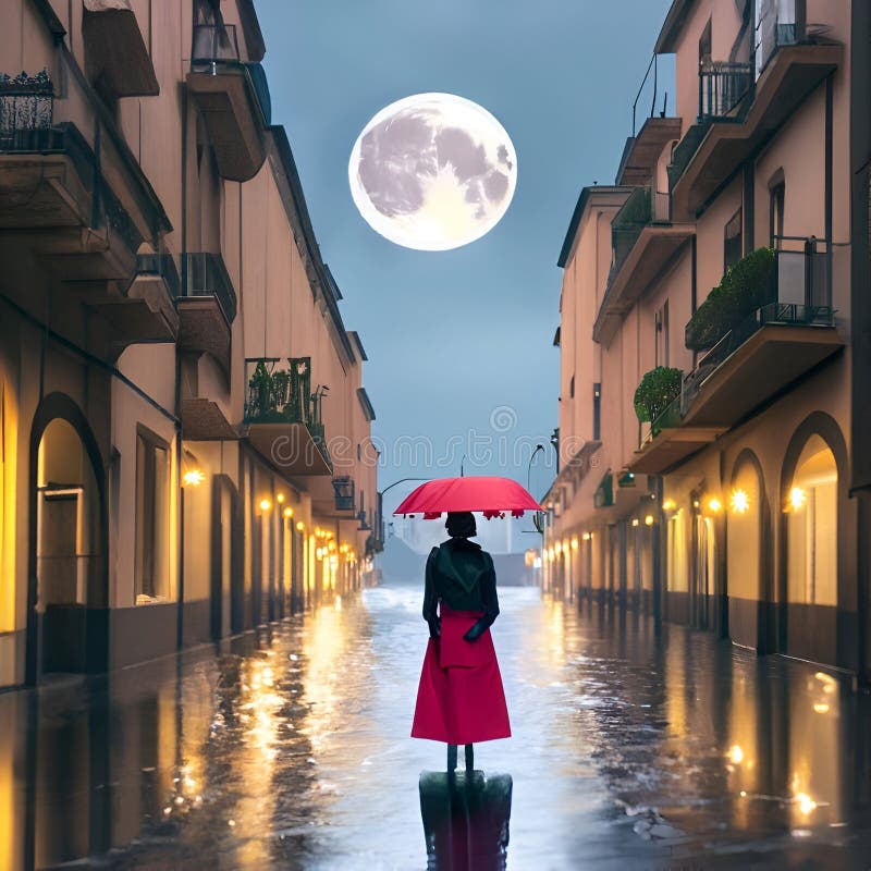 Woman Walking Under the Rain with a Red Umbrella in the Moonlight Stock ...
