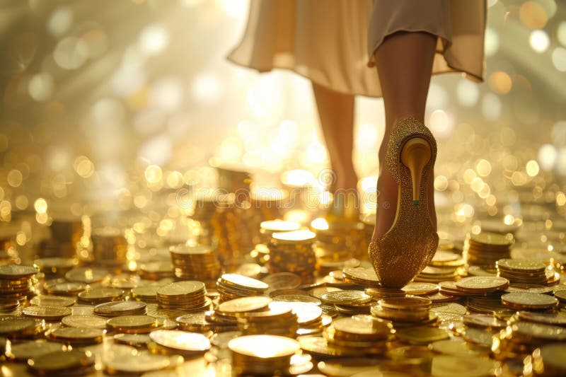 Woman Walking Up on Stacks of Gold Coin AI Generated Stock Illustration ...