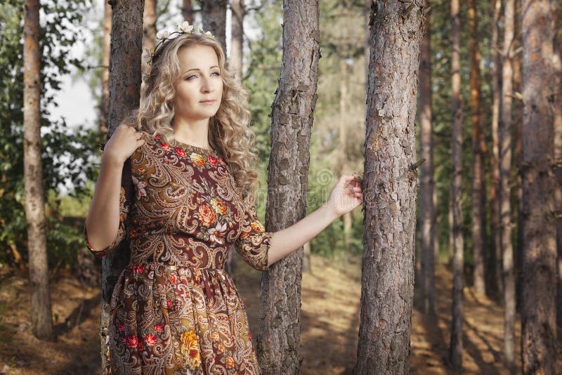 Woman Walking in the Woods among the Trees in Nature. Stock Image ...