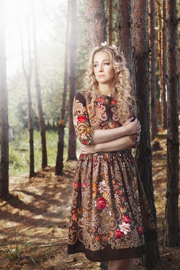 Woman Walking in the Woods among the Trees in Nature. Stock Image ...
