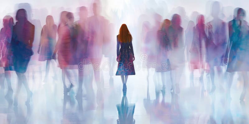 A Woman Walks Alone, Her Reflection Shimmering on the Ground ...