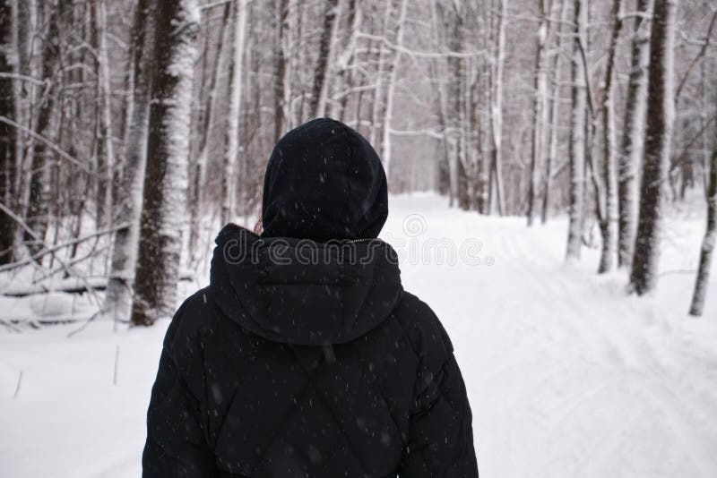 A Woman Walks Alone in a Snow-covered Park among Trees Stock Photo ...
