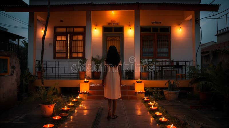 A Woman Walks Along a Path Lit by Candles in Front of an Indian Home ...