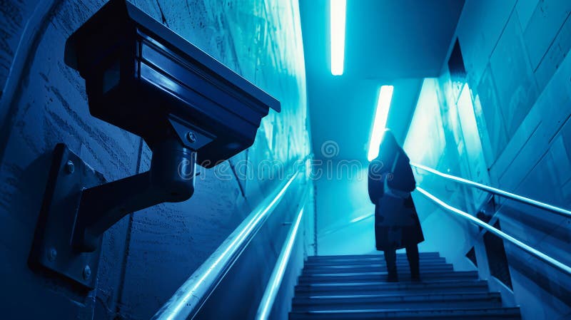 A Woman Walks Cautiously Down a Dimly Lit Hallway As a Security Camera ...