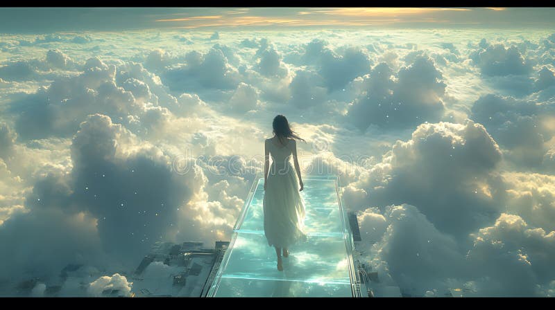 Woman Walks Cloudscape Glass Path, Sunset, Fantasy, Hope Stock ...