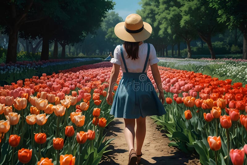 A Woman Walks through a Field of Tulips Blooming Splendor Exploring the ... A Woman Walks through a Field of Tulips Blooming Splendor Exploring the ...