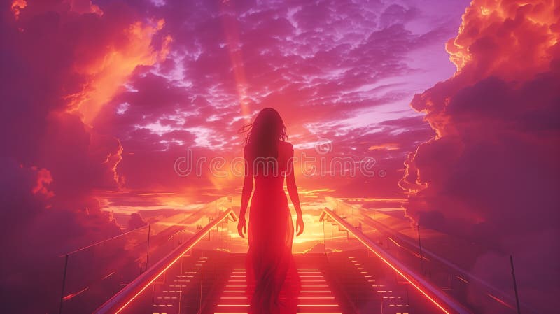 Woman Walking on Elevated Platform during Sunset with Dramatic Pink and ...