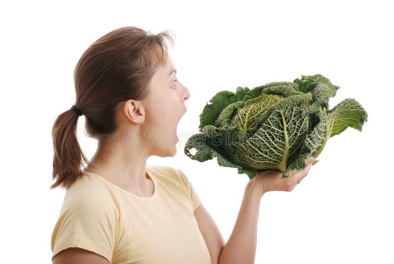 Woman Wanting To Eat Savoy Cabbage - Isolated Stock Image - Image of ...