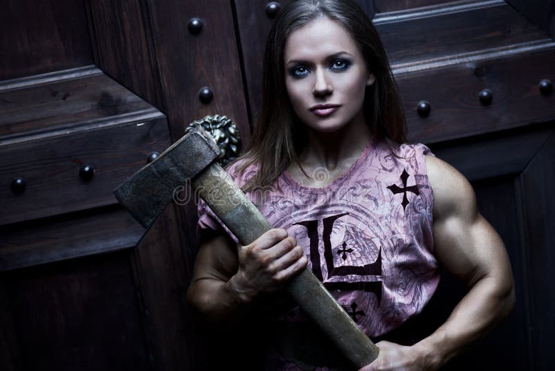 Woman warrior with axe stock image. Image of woman, wood - 35799547