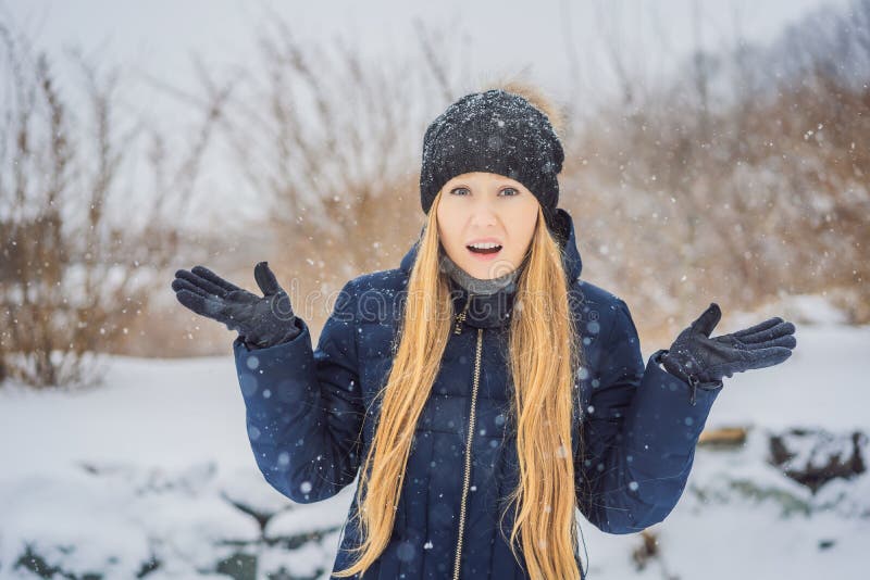 The Woman Was Very Froze in Winter Under Snowfall. Winter Problems ...