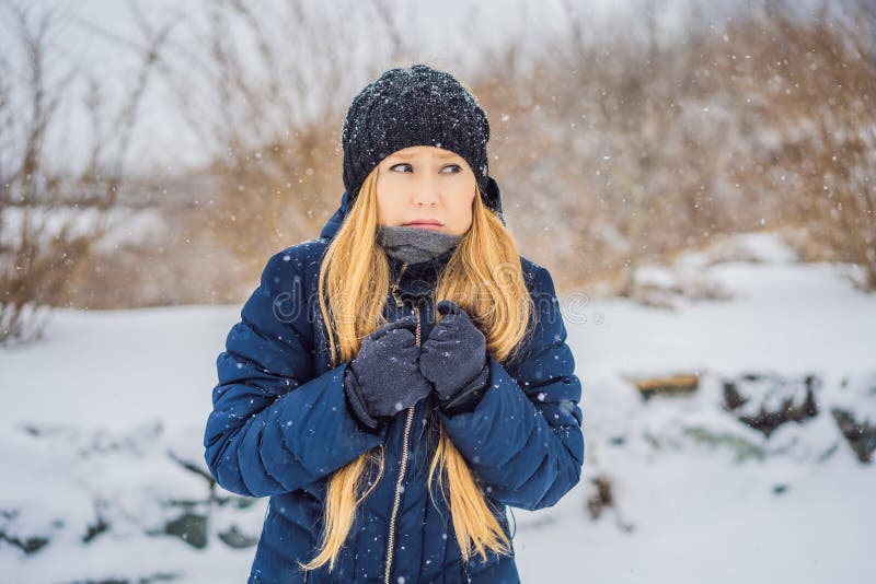 The Woman Was Very Froze in Winter Under Snowfall. Winter Problems ...