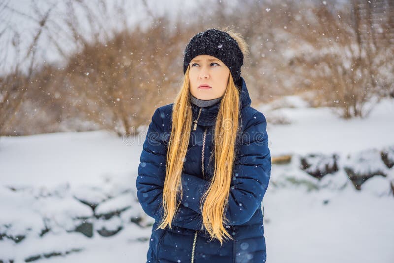 The Woman Was Very Froze in Winter Under Snowfall. Winter Problems ...