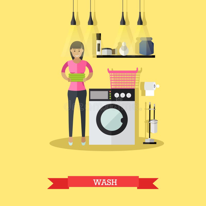 Woman Wash Clothes in Washing Machine. Vector Illustration in Flat ...