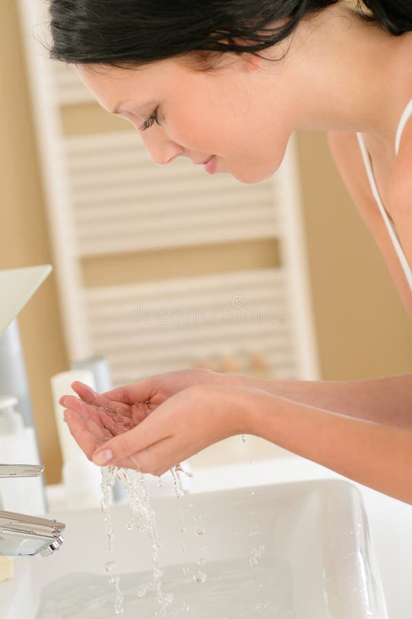 Woman Wash Face at Basin Bathroom Stock Photo - Image of lifestyle ...