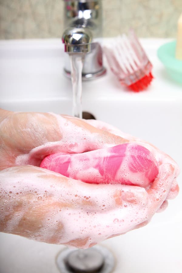 Woman Wash Soapy Hands in Bathroom Stock Photo - Image of cold, disease ...