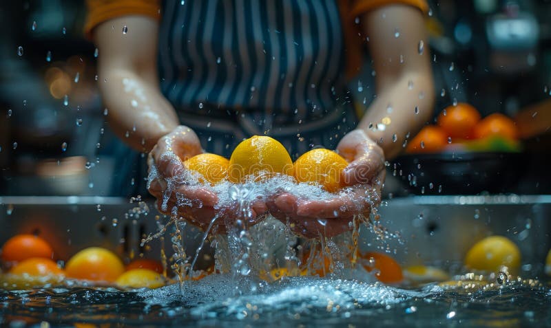 Woman Washes Oranges Under Running Water in the Kitchen. Stock Image ...