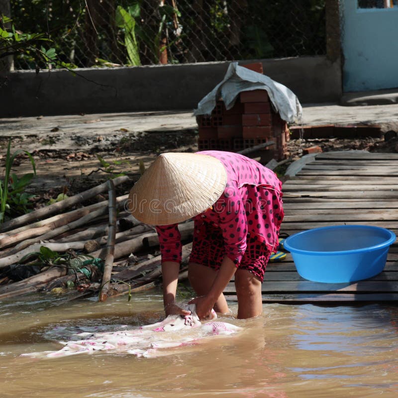 Woman Washing Clothes in Mekong River Editorial Stock Photo - Image of ...