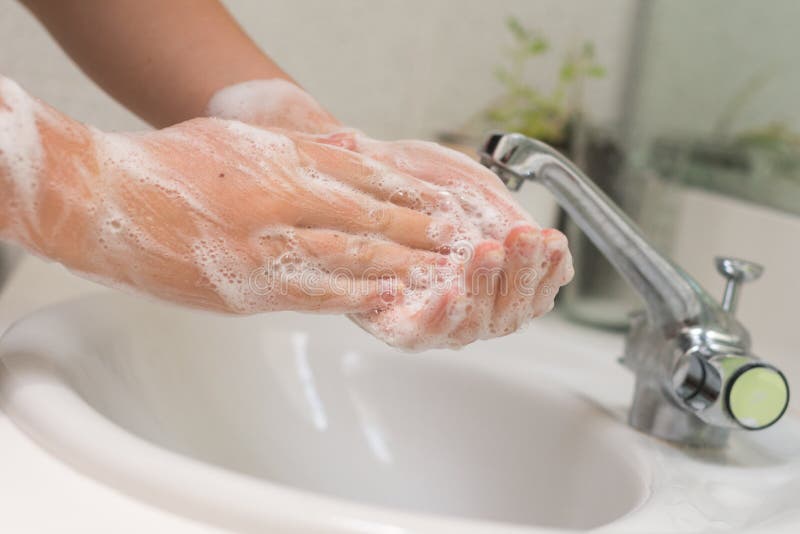 Woman Washing Hands in Basin Stock Image - Image of bathroom ...