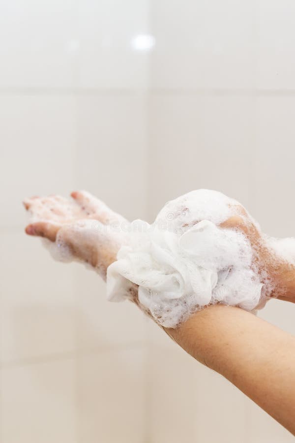 Woman Washing Hands With A Sponge In The Bathroom Female Washing Arms