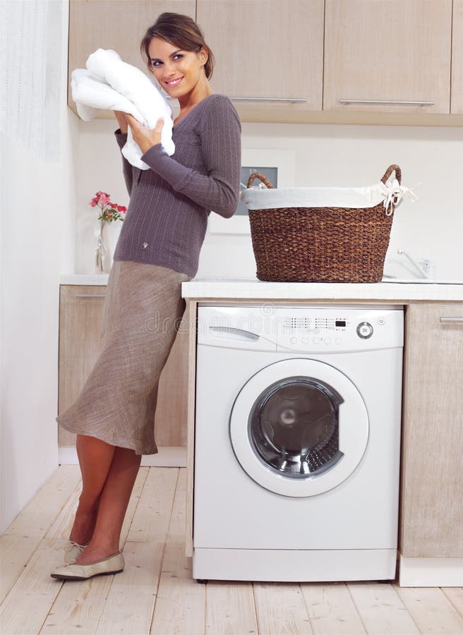 Woman Loading the Washing Machine Stock Image - Image of purity, casual ...