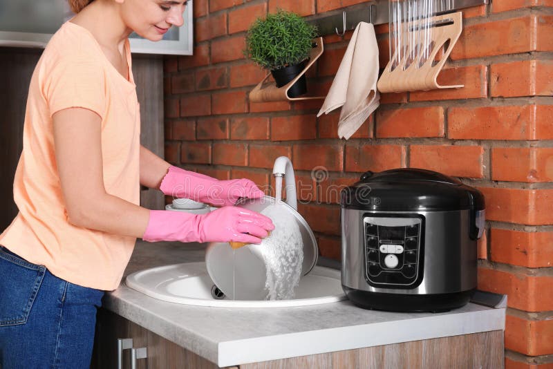 Woman Washing Modern Multi Cooker in Kitchen Stock Photo - Image of ...