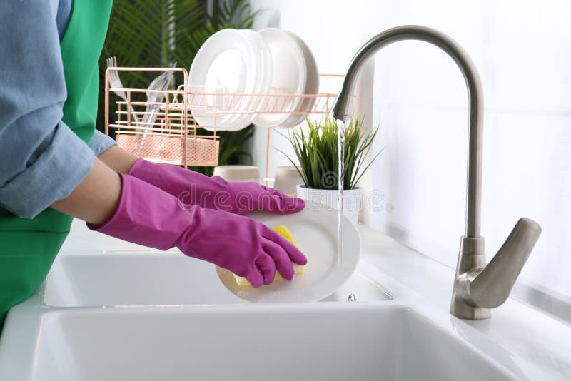 Woman Washing Plate in Modern Kitchen, Closeup Stock Photo - Image of ...