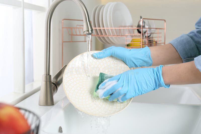 Woman Washing Plate in Modern Kitchen, Closeup Stock Photo - Image of ...