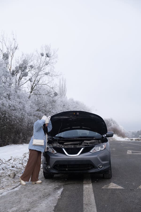 Woman Watching at Car Engine on Snowy Roadside Stock Image - Image of ...