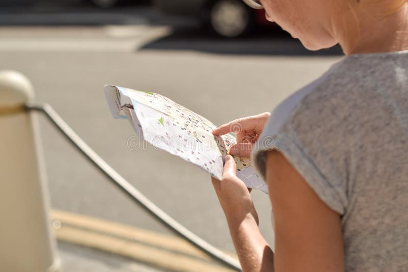 Woman Watching the City Map Stock Image - Image of outside, cafe: 80481177