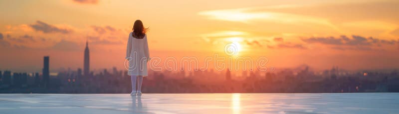 Woman Watching City Sunrise from Rooftop Stock Illustration ...