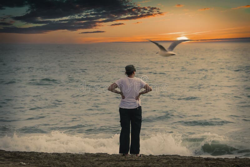Woman Watching Ocean Sunset Stock Image - Image of holiday, hope: 178520713