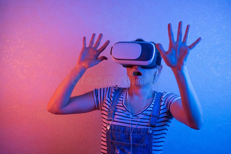 Woman Watching with VR with Red and Blue Light Stock Photo - Image of ...