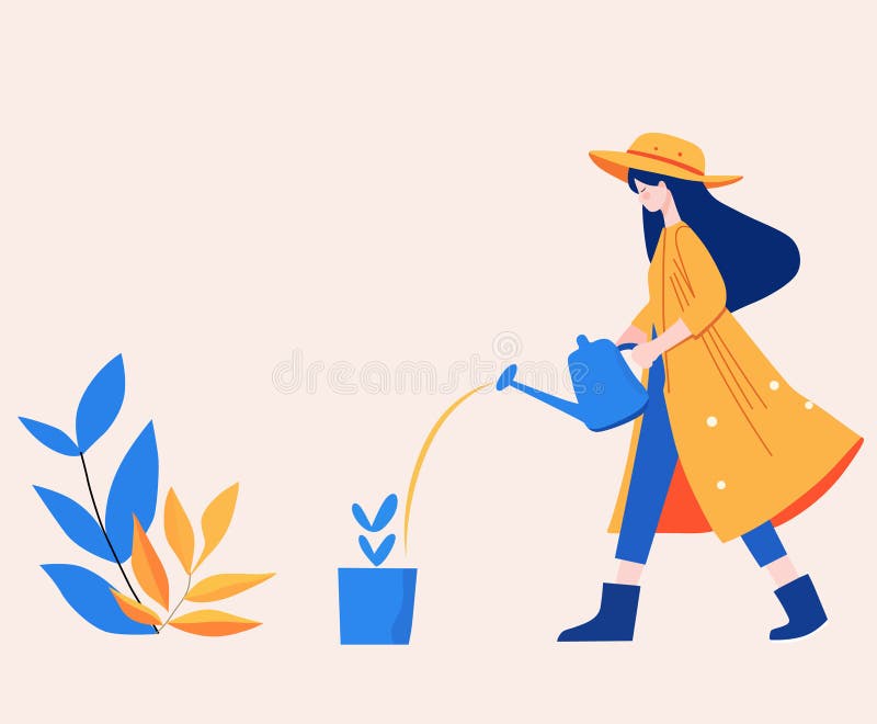 Woman Watering Drawing Plant Stock Illustrations 424 Woman Watering