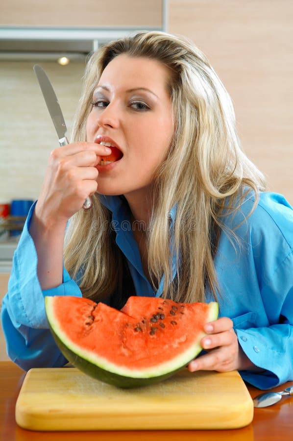 Woman with watermelon stock photo. Image of sweet, breakfast - 29578014