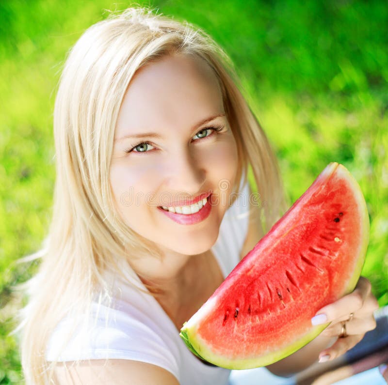 Woman With Watermelon Stock Image Image Of Cheerful 73475369