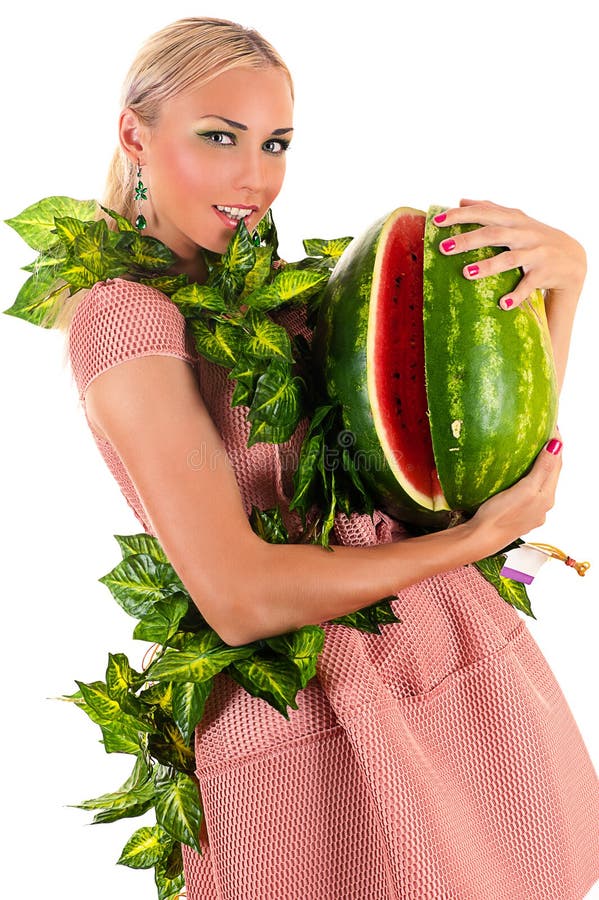 Woman with Watermelon on Head Stock Image - Image of flavor, femininity ...